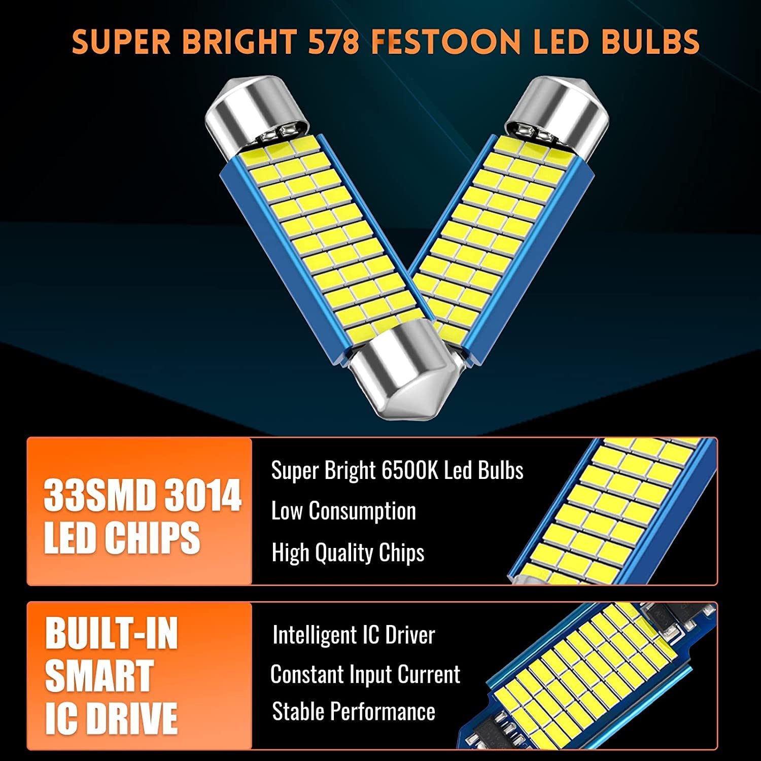 578 LED Festoon Bulb, 42mm 41mm 1.65 Inch Festoon DE3425 DE3423 211-2